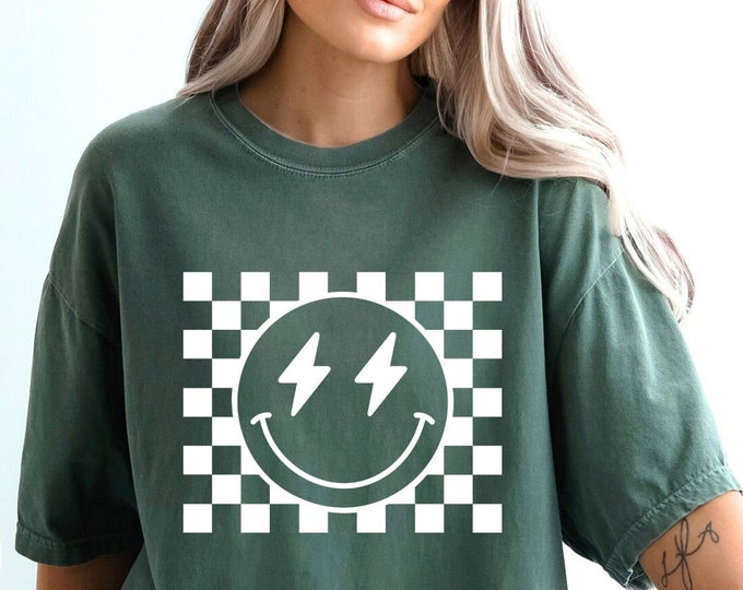 Happy Face Comfort Colors Tee, Smile Shirt, Happy T-shirt, Embroidered ...