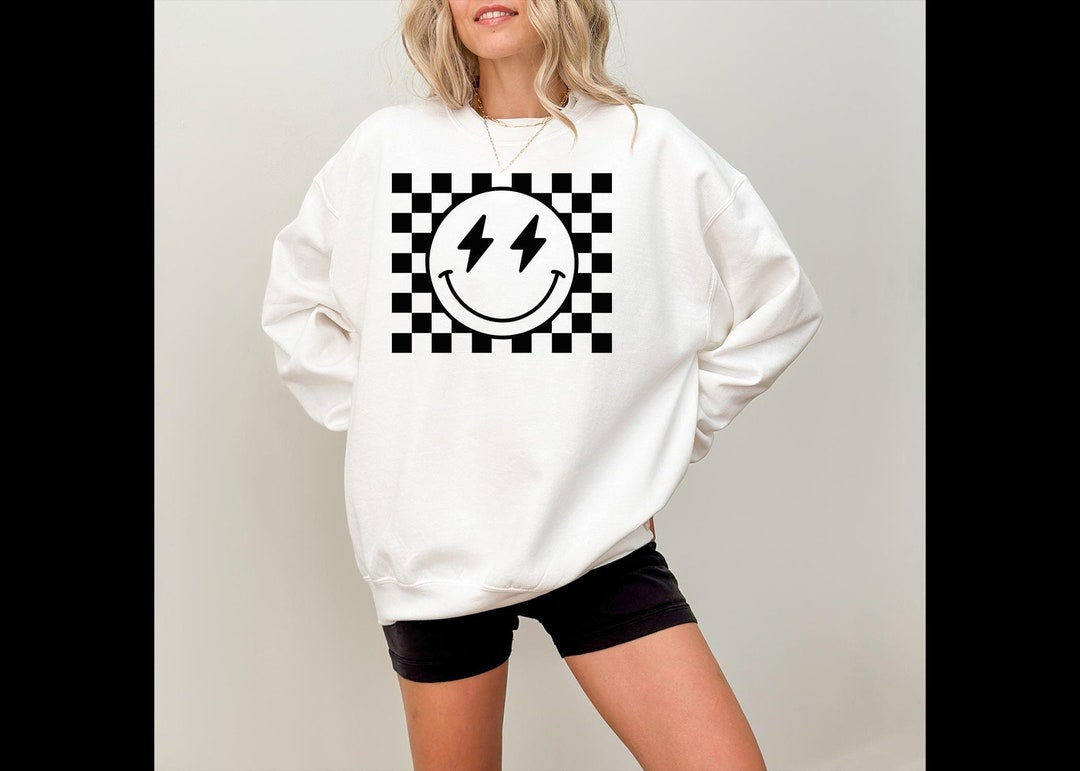 Checkered Pattern Smile Face Sweatshirt,retro Smiley Face Sweatshirt ...