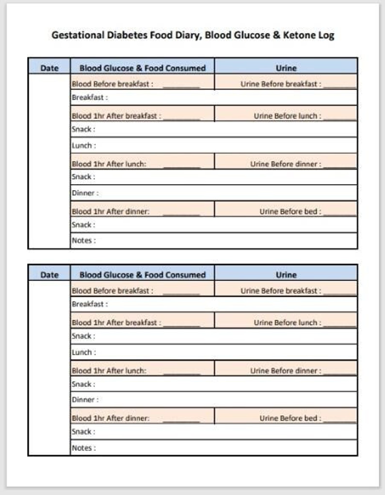 Printable Gestational Diabetes Food Diary, Blood Glucose & Ketone Log ...