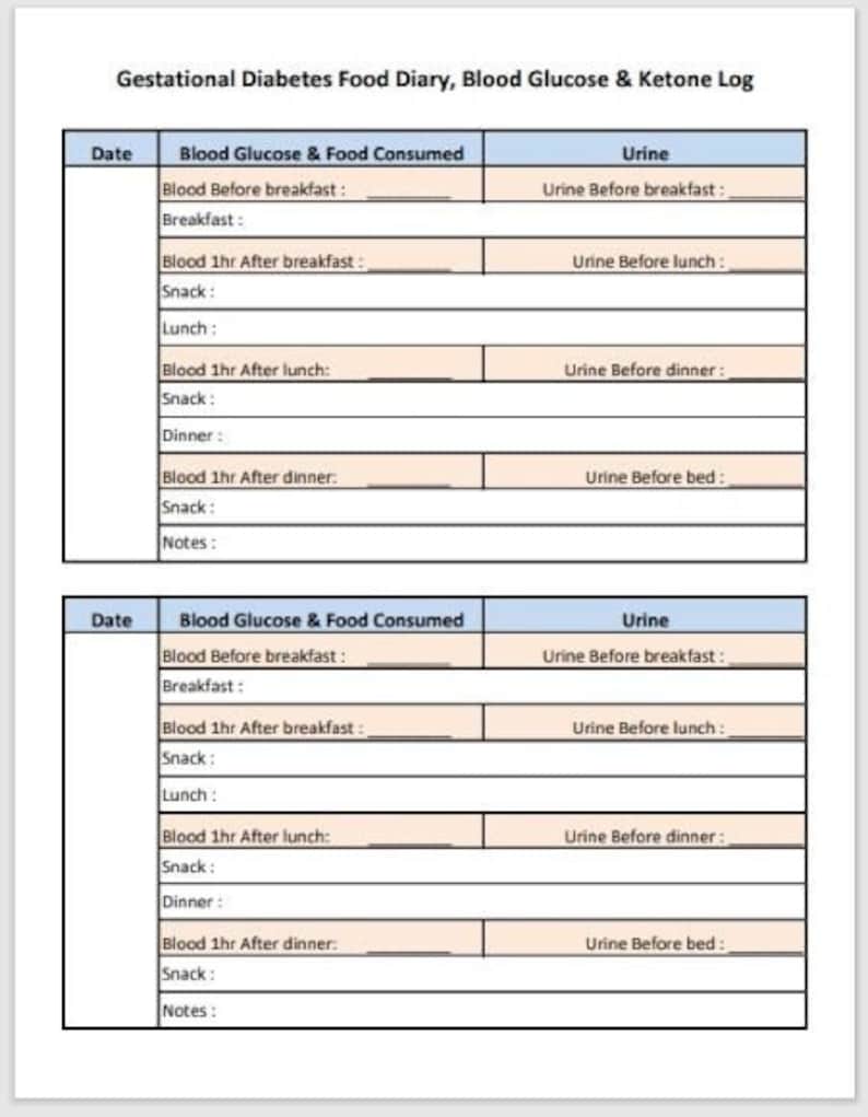 Printable Gestational Diabetes Food Diary, Blood Glucose & Ketone Log ...