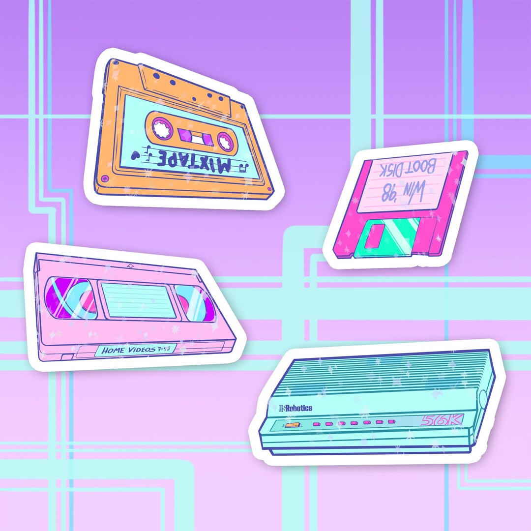 Old Technology Vaporwave Holographic Stickers - Modem, Cassette, Floppy ...