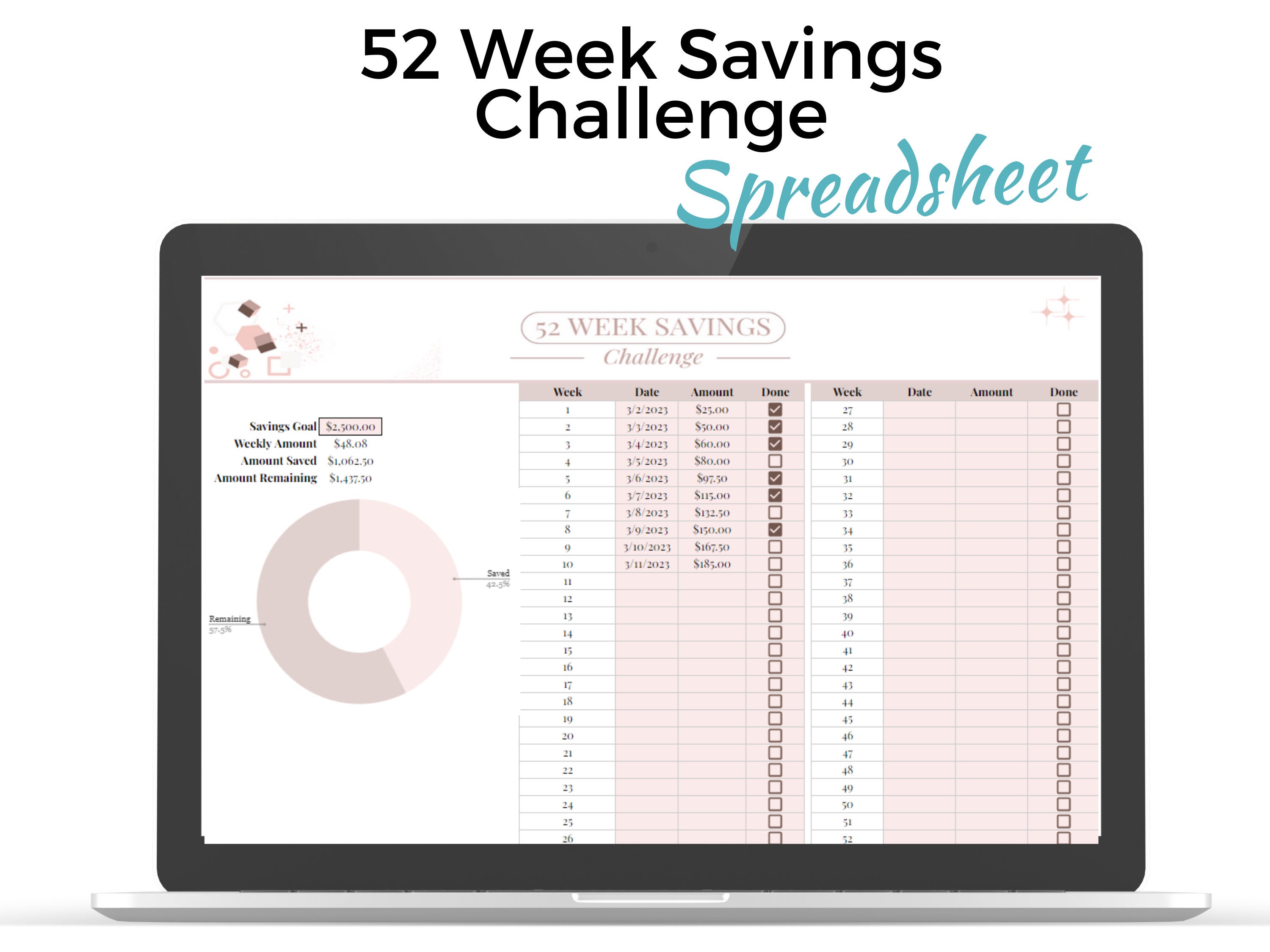 52 Week Savings Challenge Spreadsheet Ultimate Tracker Google Sheets ...