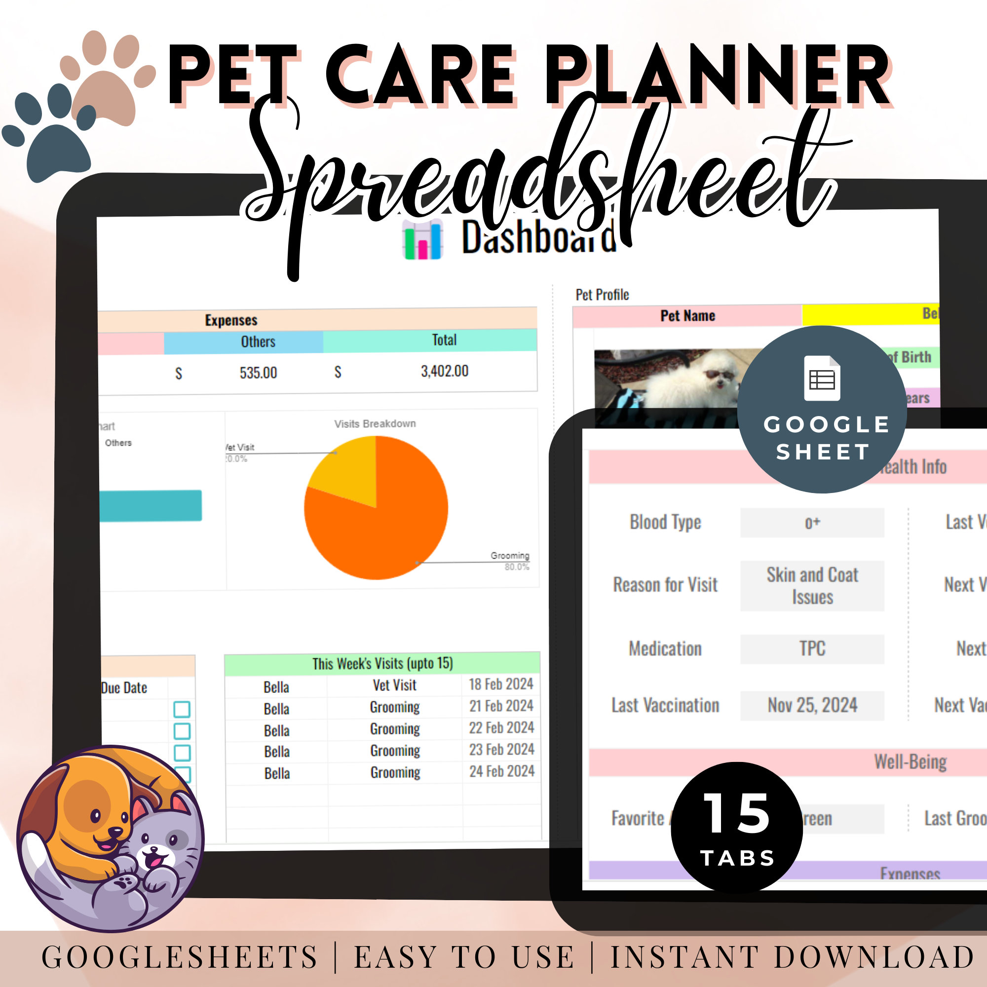 Ultimate Pet Planner Spreadsheet Google Sheets Premium Tracker Digital ...