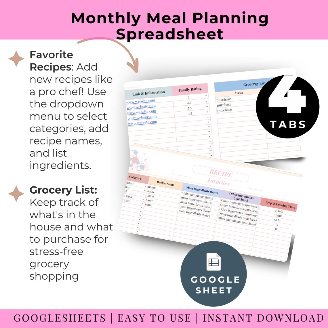 Weekly Meal Plan Spreadsheet: Google Sheets, Grocery List (digital ...