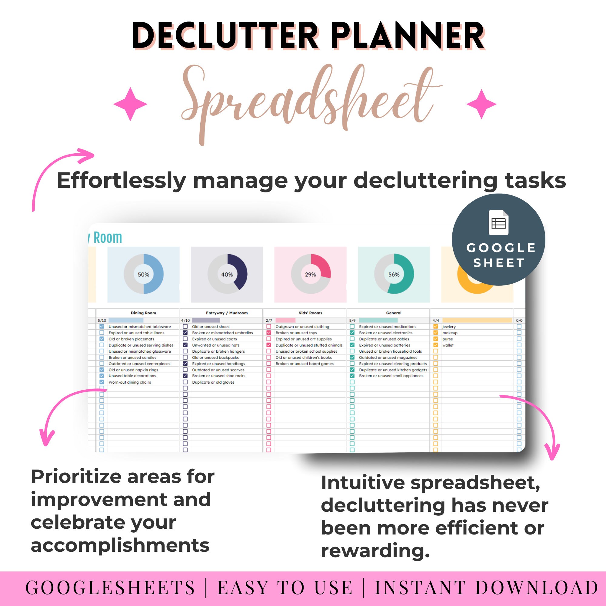Decluttering Spreadsheet Checklist Room by Room Strategy Eliminate ...
