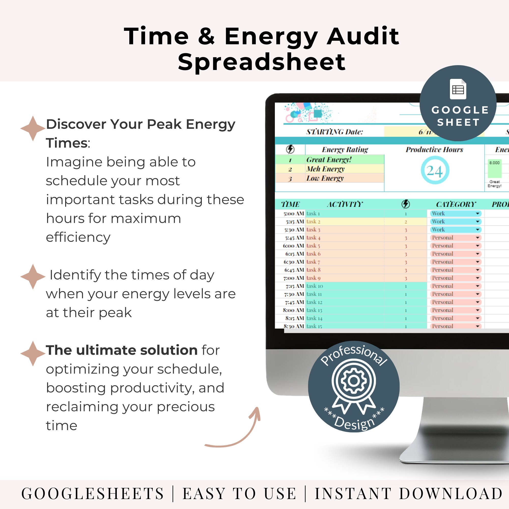 Scheduling Tool Energy Productivity Planner Time Management Spreadsheet ...
