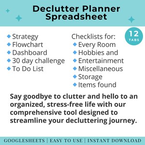 Declutter Planner Guide Spreadsheet Google Sheets Decluttering Checklist 30 Day Challenge ...