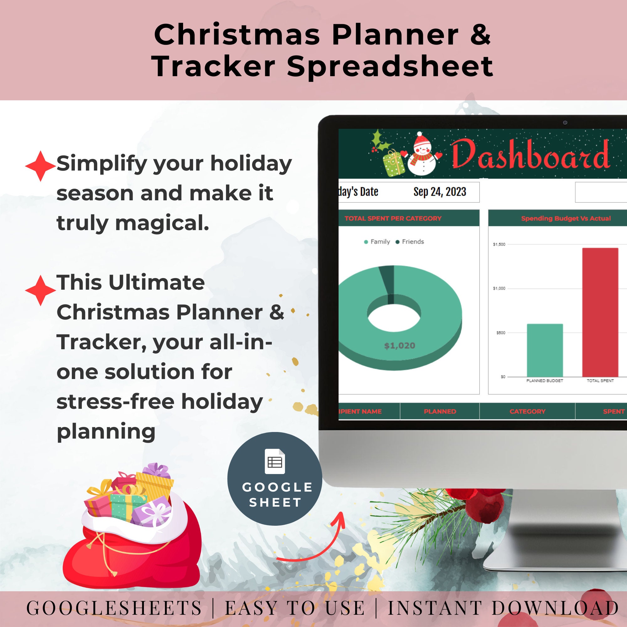 Christmas Planner Spreadsheet Google Sheets Gift Tracker Guide Budget ...