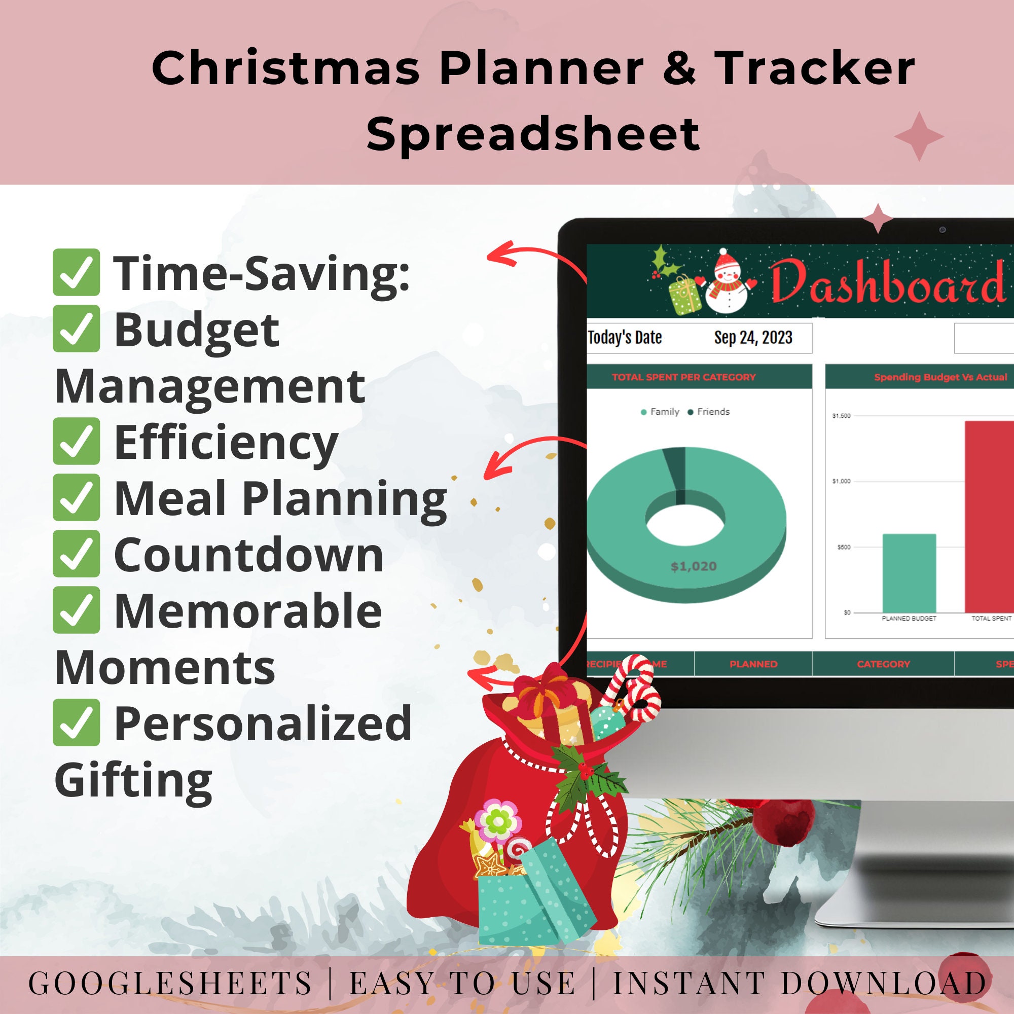 Christmas Planner Spreadsheet Google Sheets Gift Tracker Guide Budget ...