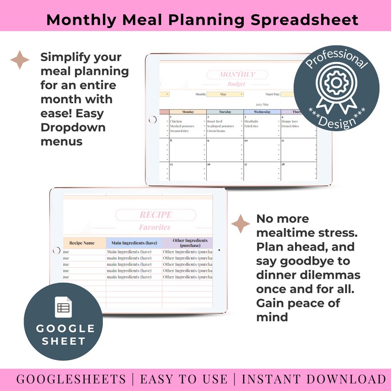 Weekly Meal Plan Spreadsheet: Google Sheets, Grocery List (digital ...