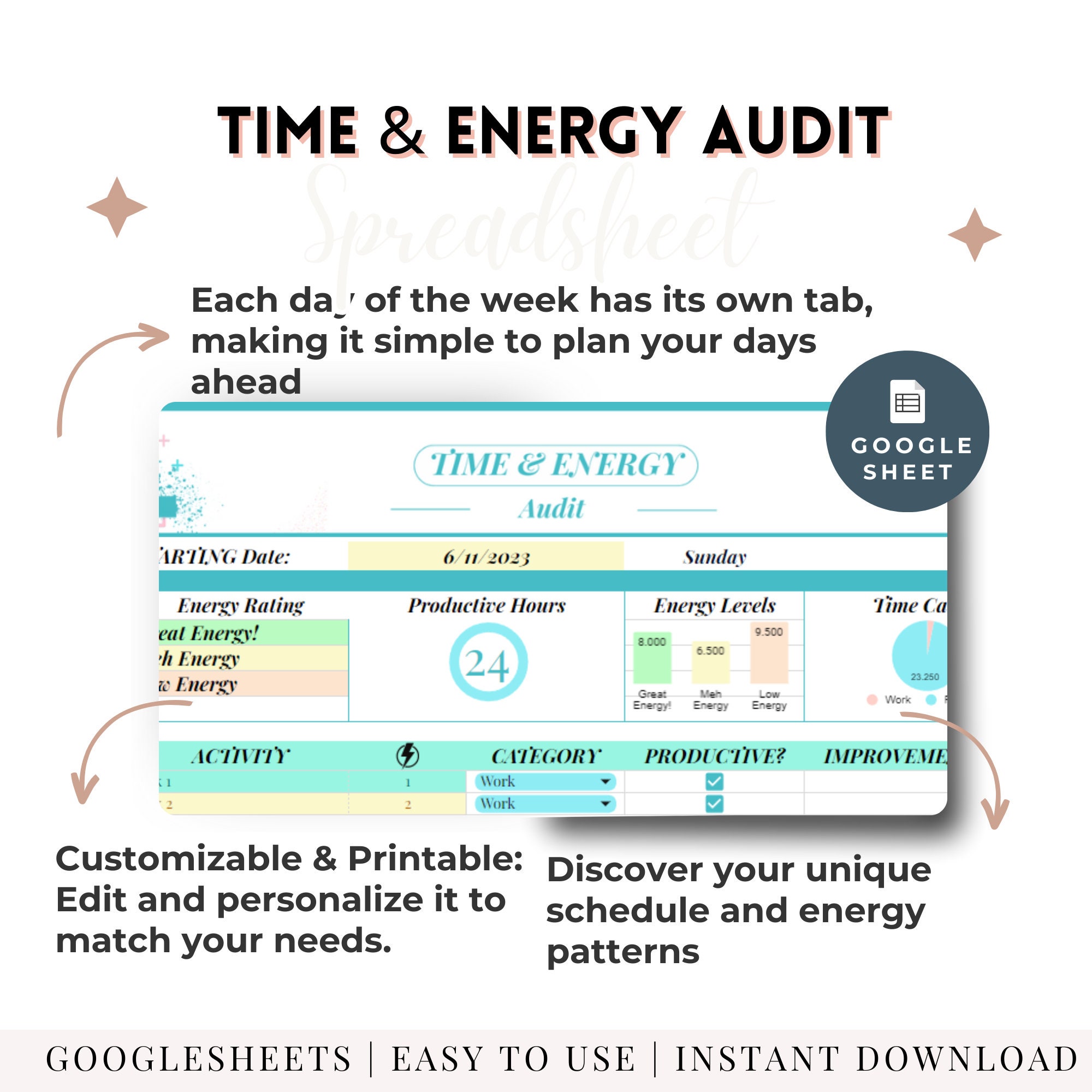 Scheduling Tool Energy Productivity Planner Time Management Spreadsheet ...