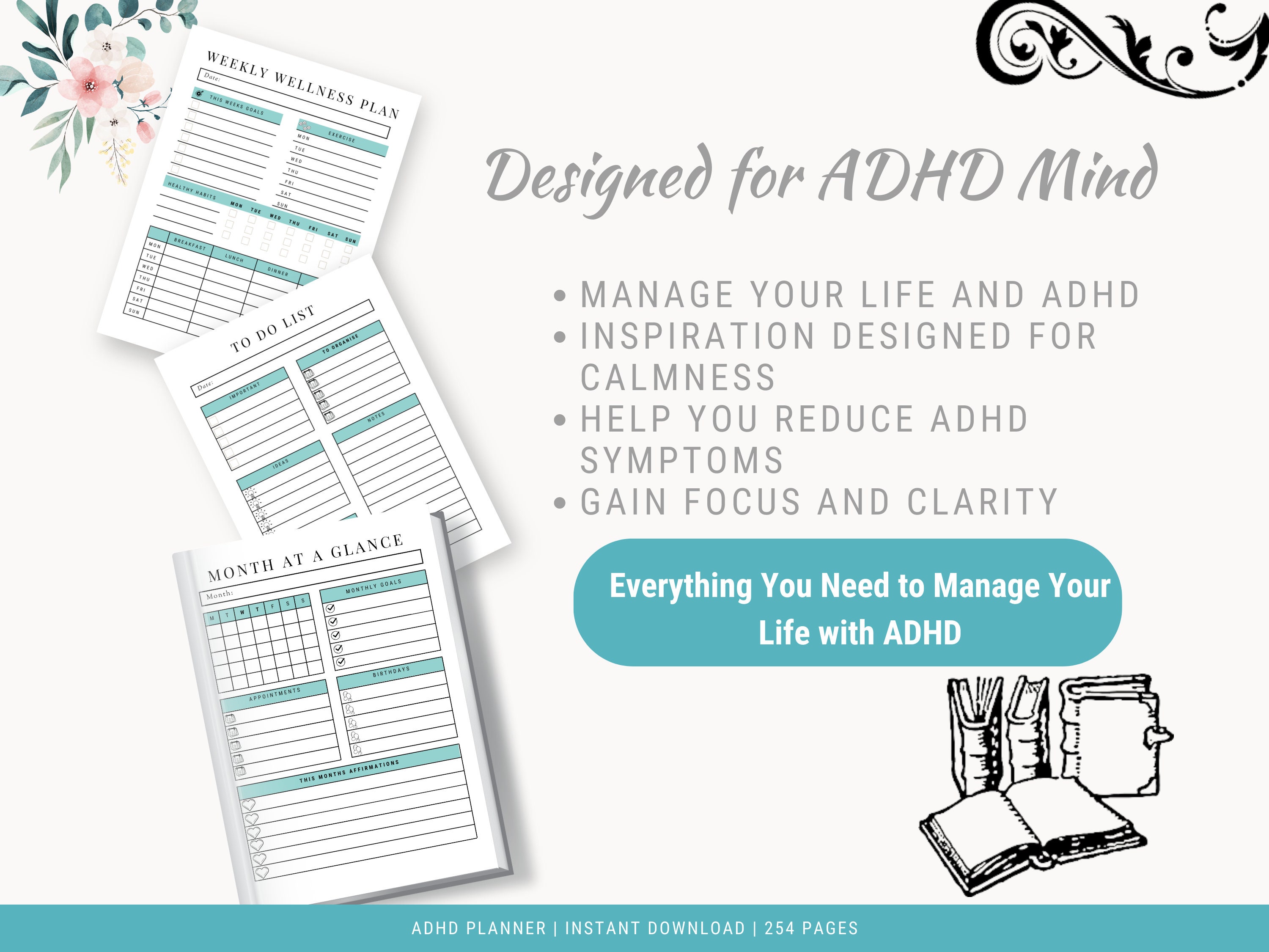 ADHD Planner for Adults Teens Kids Printable Journal Organizer Focused ...