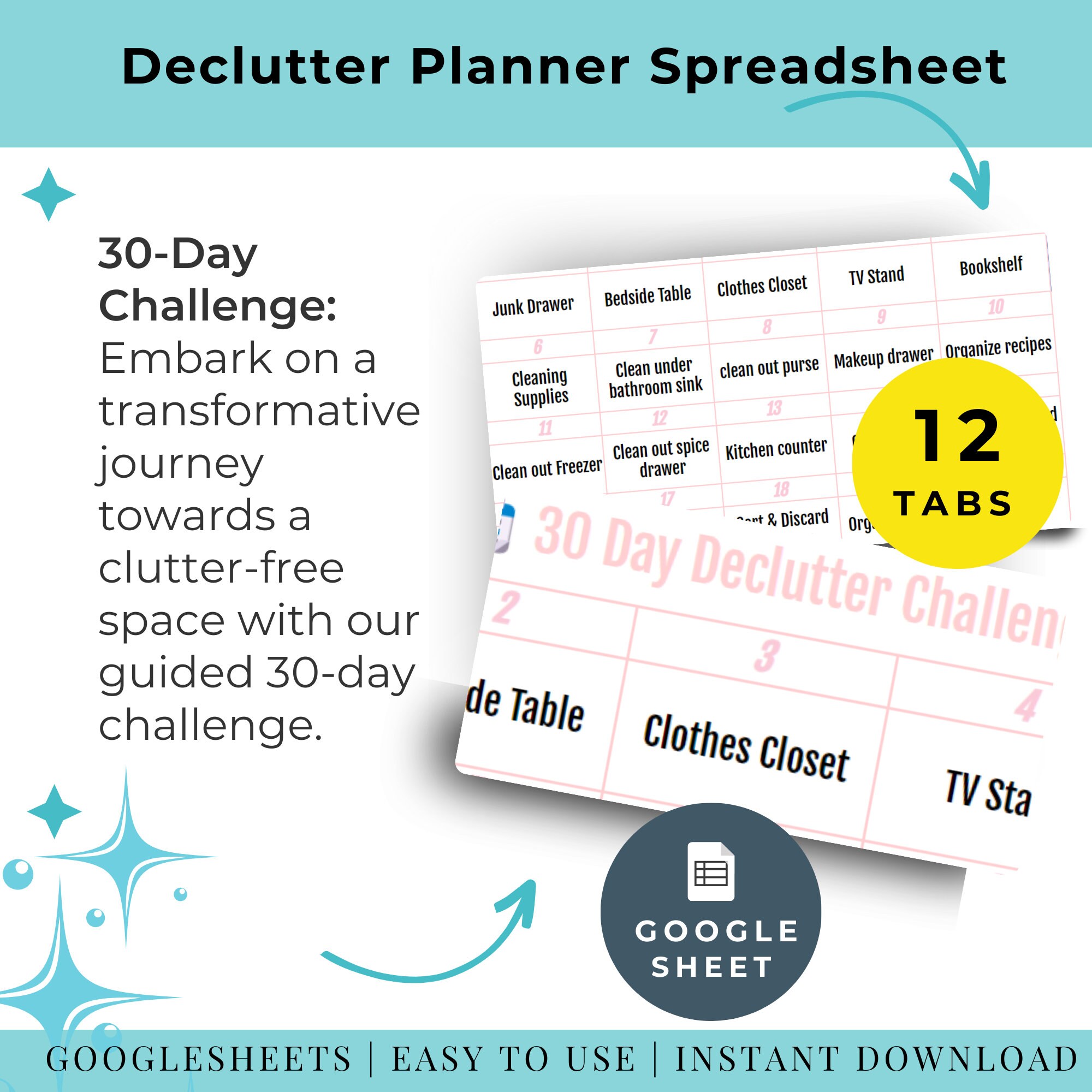 Declutter Planner Guide Spreadsheet Google Sheets Decluttering Checklist 30 Day Challenge ...