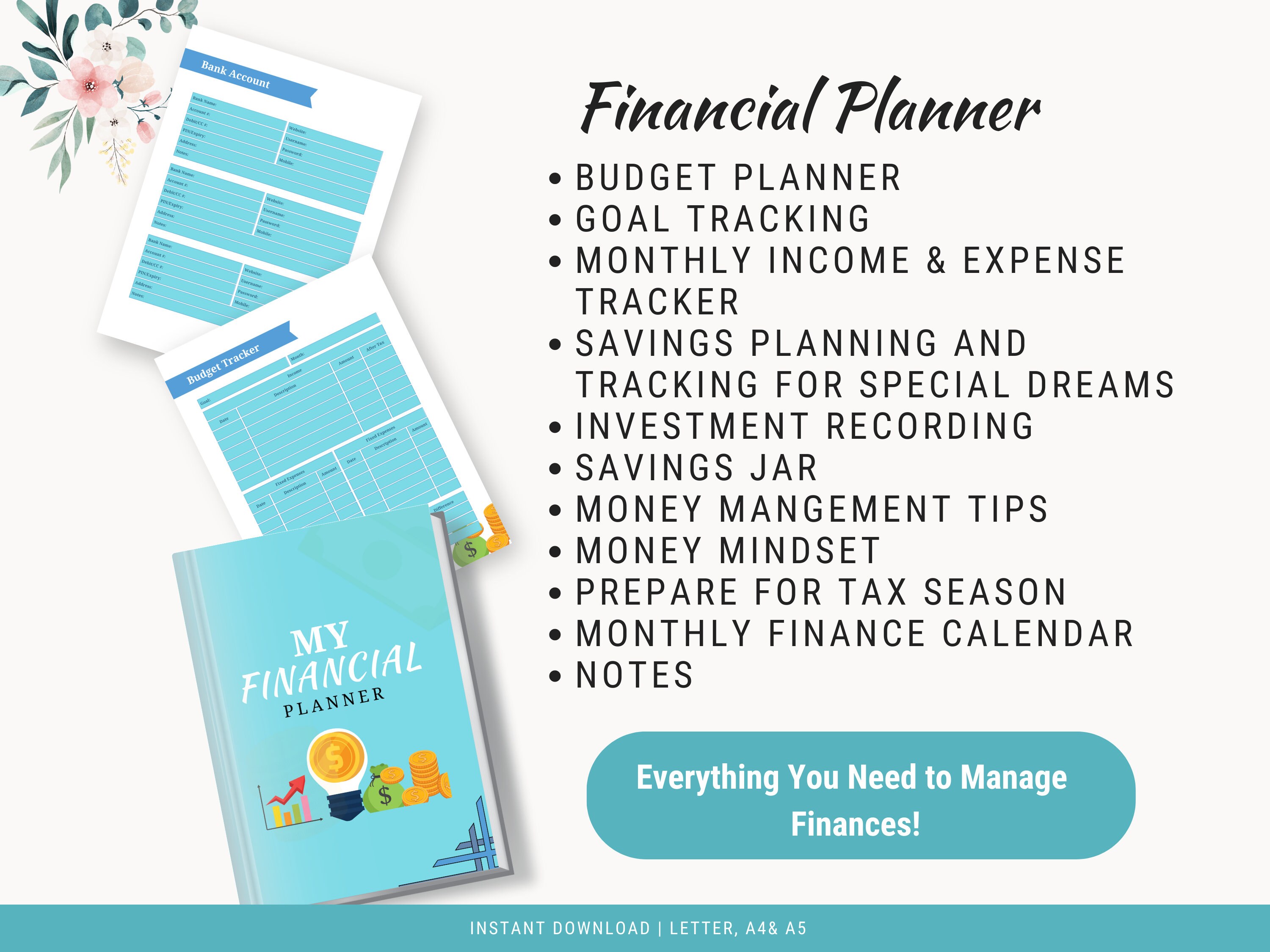 Financial Planner Printable Monthly Budget Trackerpdf 3 Sizes Letter A4 ...