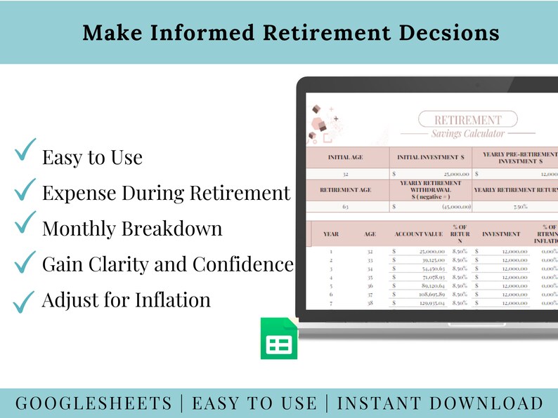 Retirement Savings Planner Google Sheets Spreadsheet Simple Tracker ...