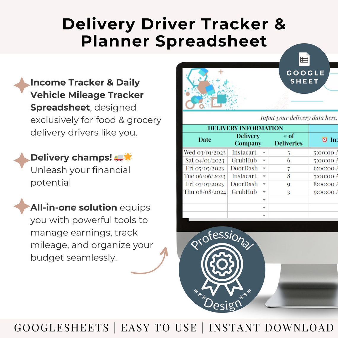 Gig Worker Mileage Tracker Spreadsheet: Delivery Income & Expense Log ...