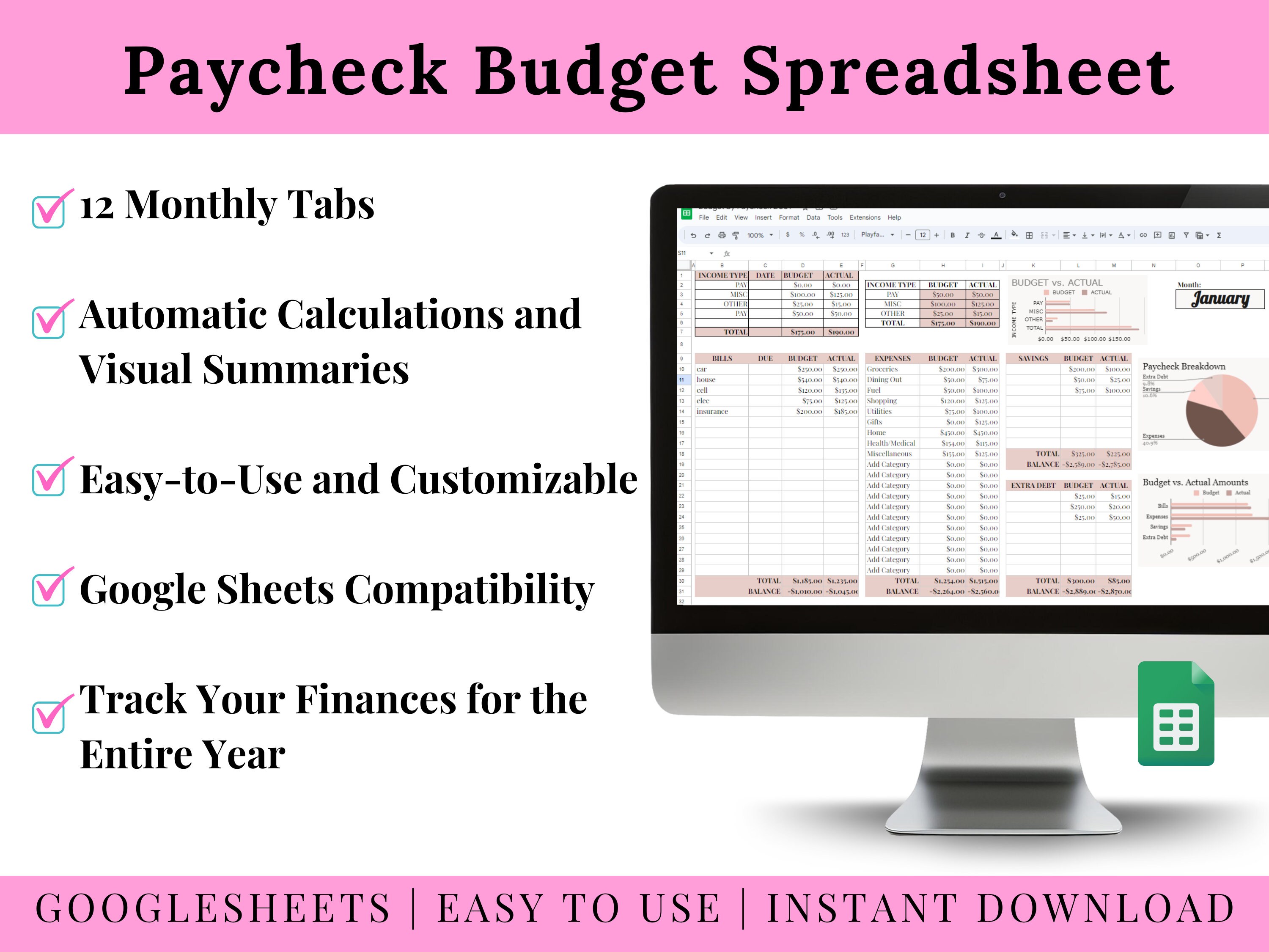 Paycheck Budget Spreadsheet Template for Google Sheets Budget by ...