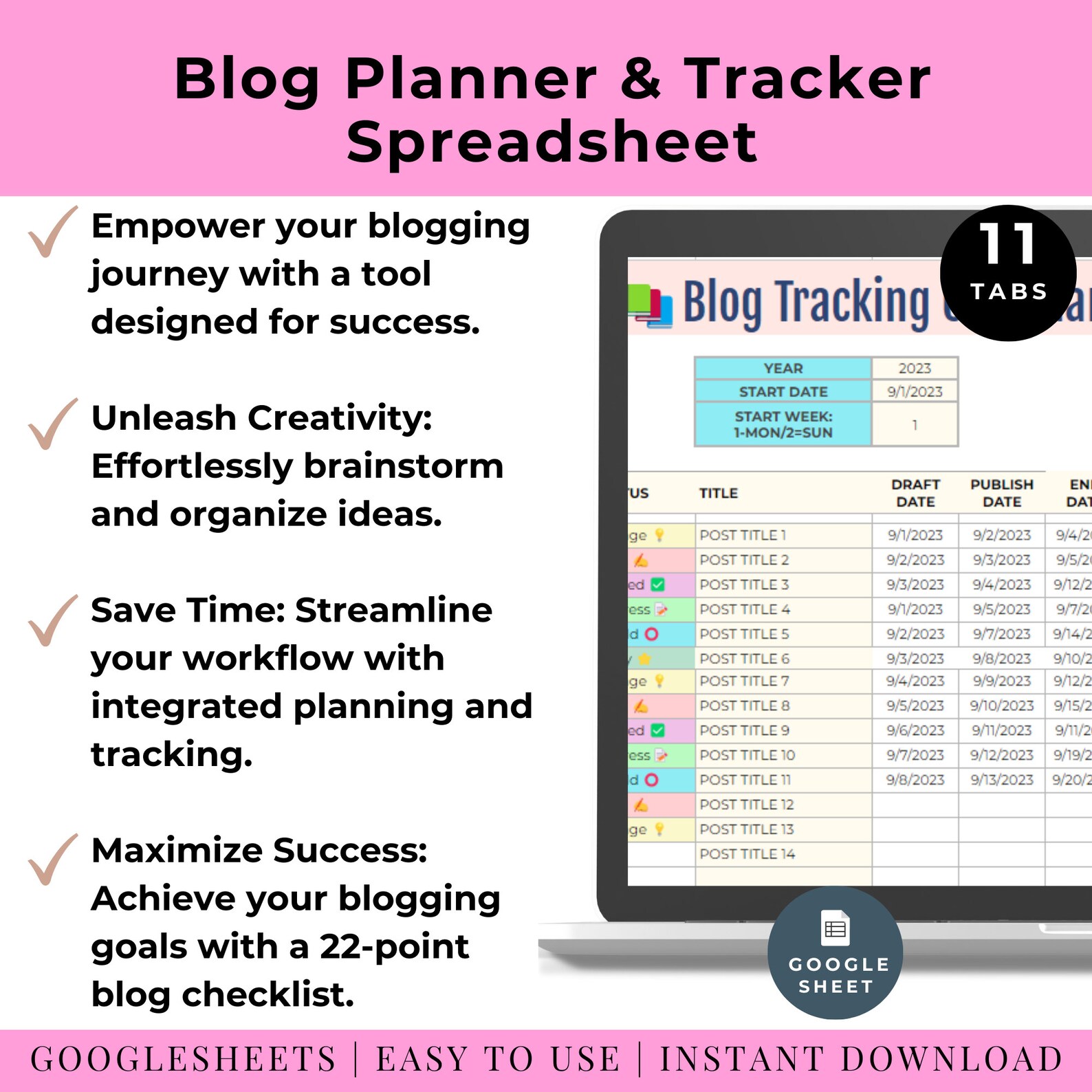 Blog Planner Google Sheet Content Calendar Metrics Tracker Social Media ...