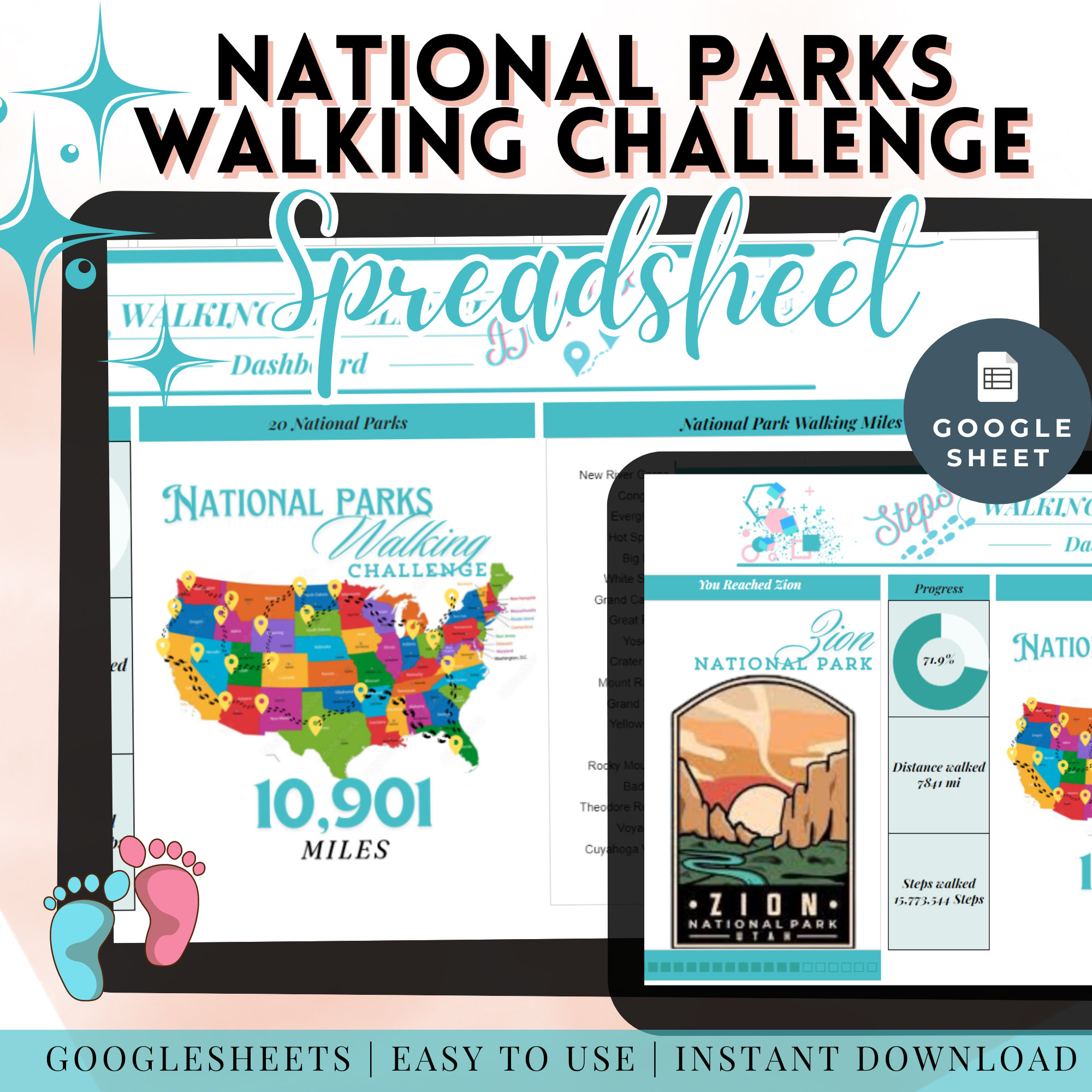 National Parks Virtual Walking Challenge: 30-day Google Sheets Tracker ...
