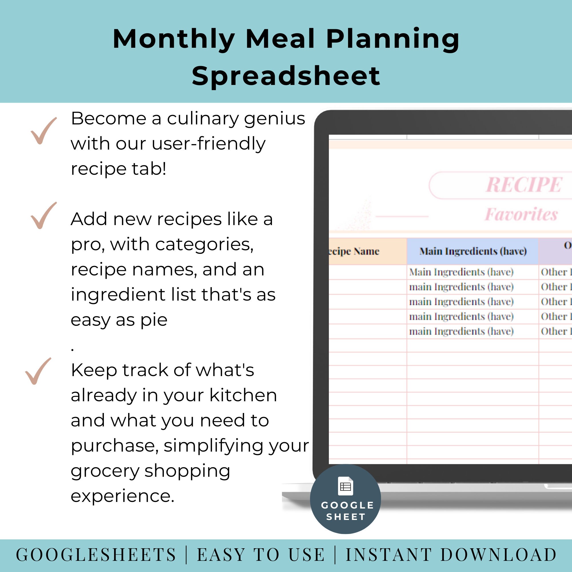 Meal Plan Spreadsheet Template Google Sheets Monthly Meal Planner ...