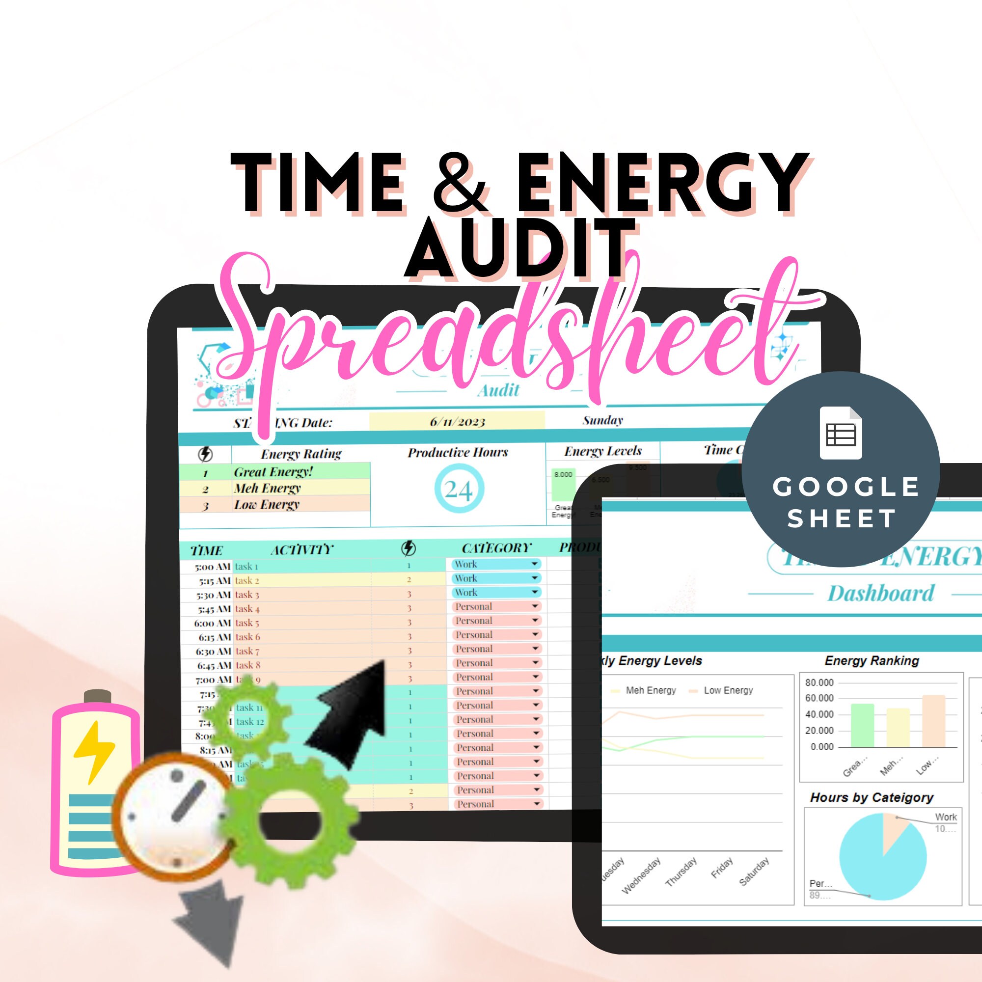 Time Audit Spreadsheet Energy Management Tool Productivity Tracker ...