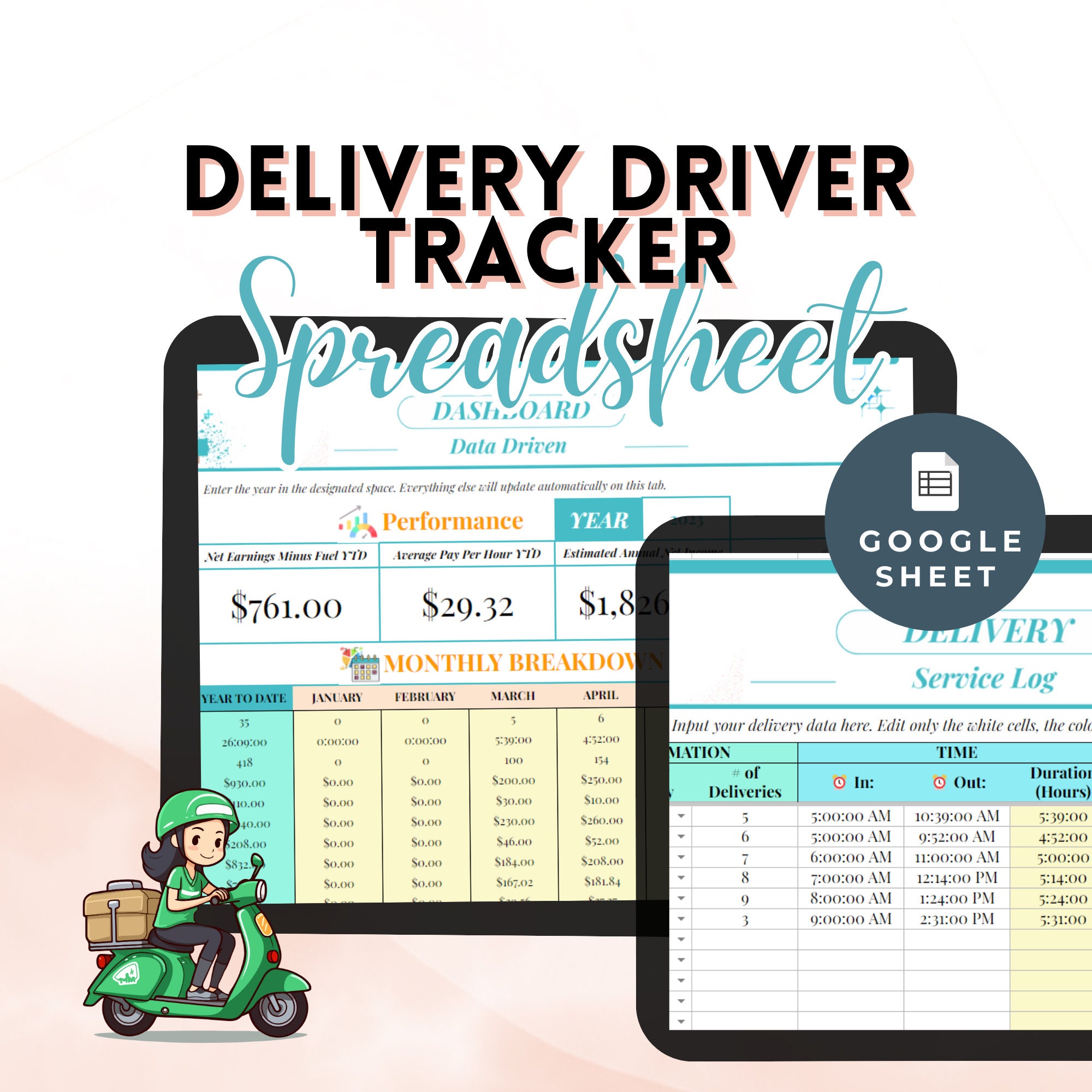 Delivery Driver Mileage Log Book Spreadsheet Food Grocery Delivery ...