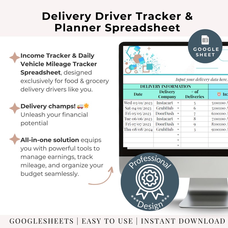 Delivery Driver Mileage Log Book Spreadsheet Food Grocery Delivery ...