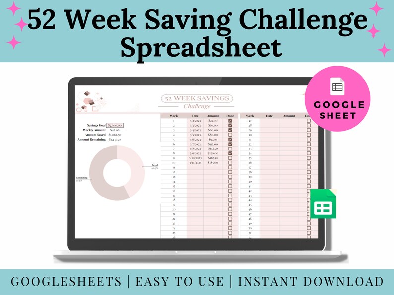 52 Week Savings Challenge Spreadsheet Ultimate Tracker Google Sheets ...