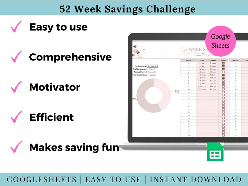 52 Week Savings Challenge Spreadsheet Ultimate Tracker Google Sheets ...