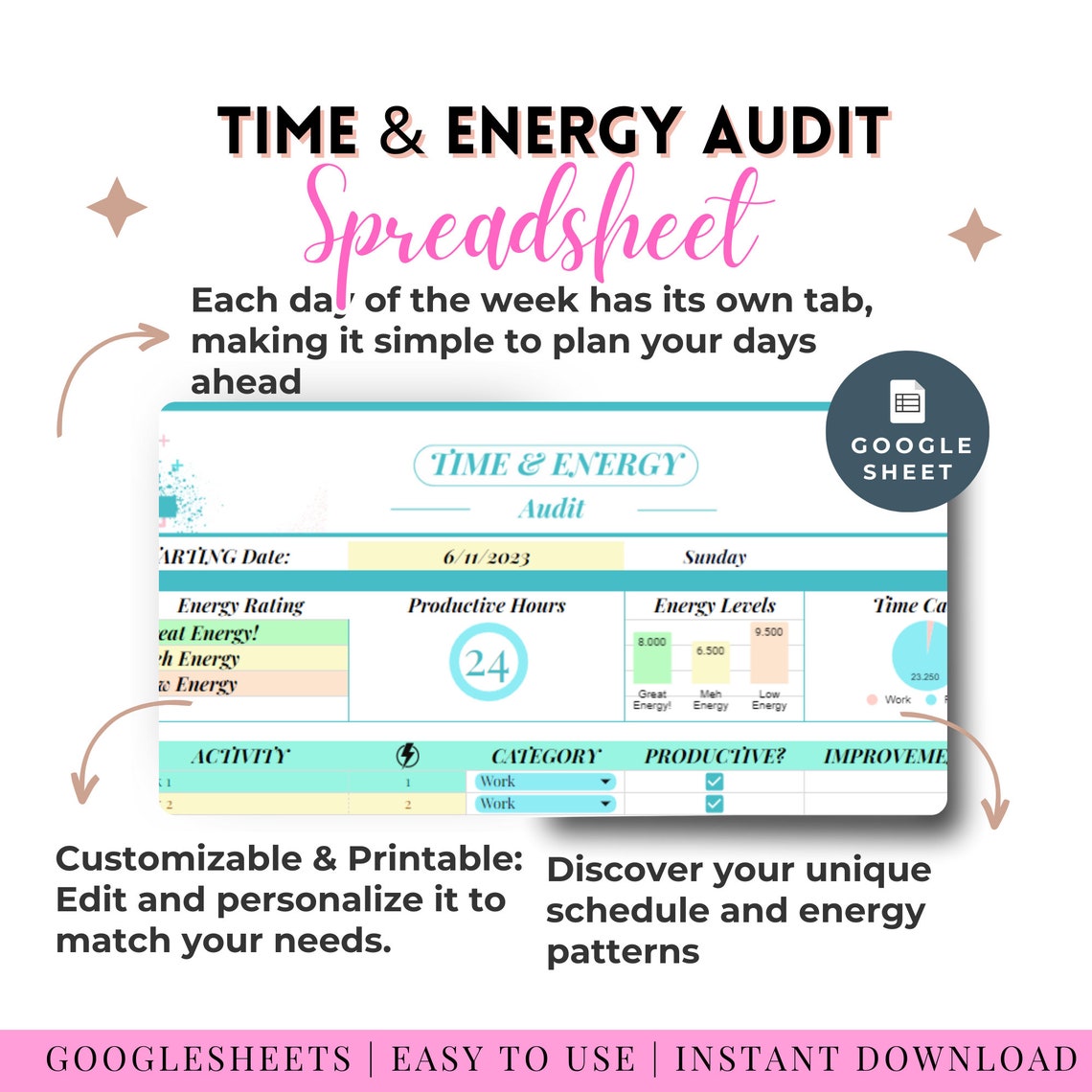 Time Audit Spreadsheet Energy Management Tool Productivity - Etsy