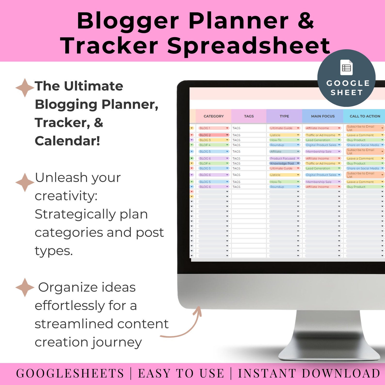 Blog Planner Google Sheet Content Calendar Metrics Tracker Social Media ...
