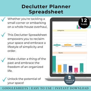 Declutter Planner Guide Spreadsheet Google Sheets Decluttering Checklist 30 Day Challenge ...