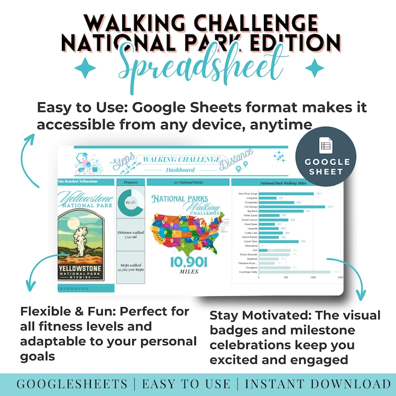 National Parks Virtual Walking Challenge: 30-day Google Sheets Tracker ...