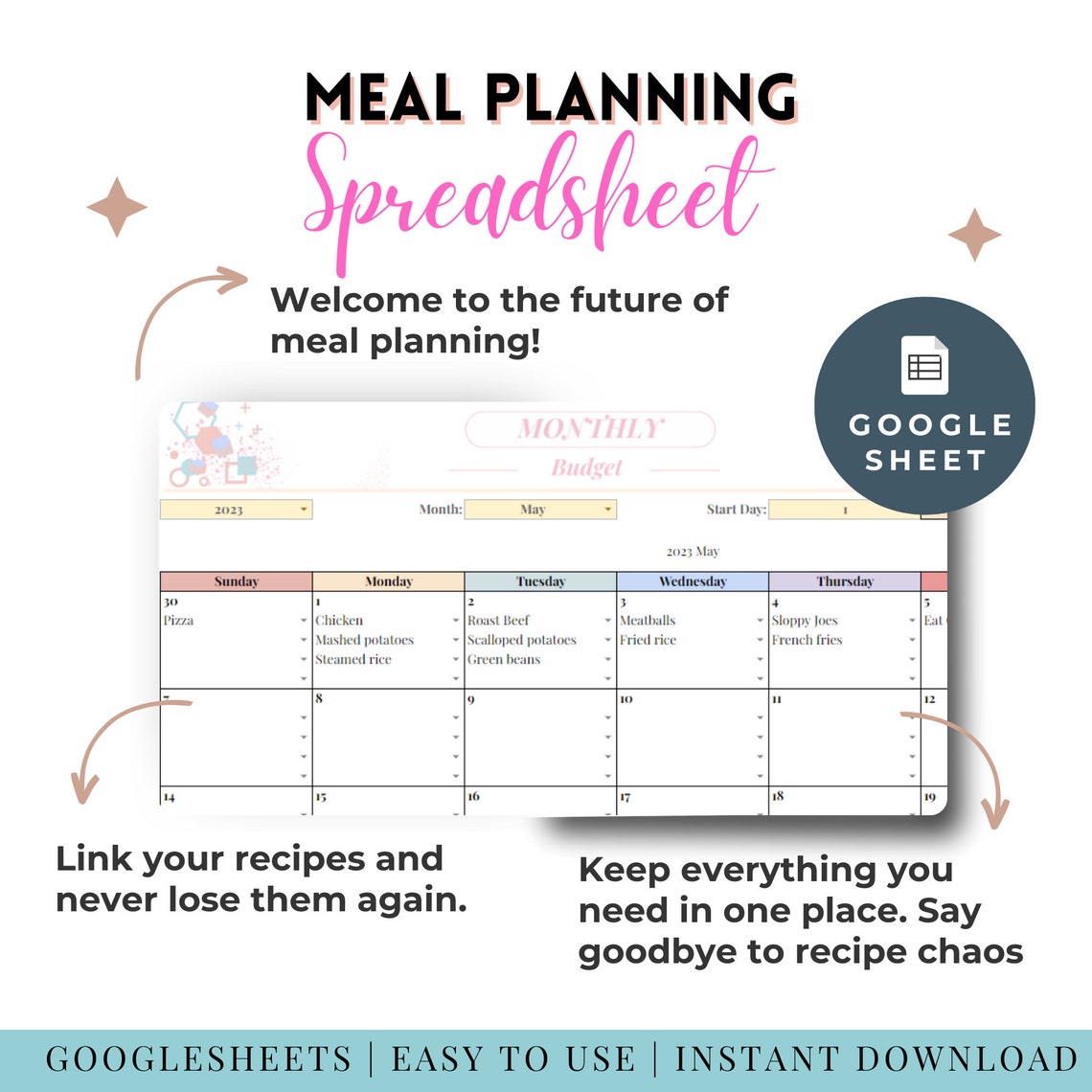Meal Plan Spreadsheet Template Google Sheets Monthly Meal Planner Editable Calendar Monthly Menu ...