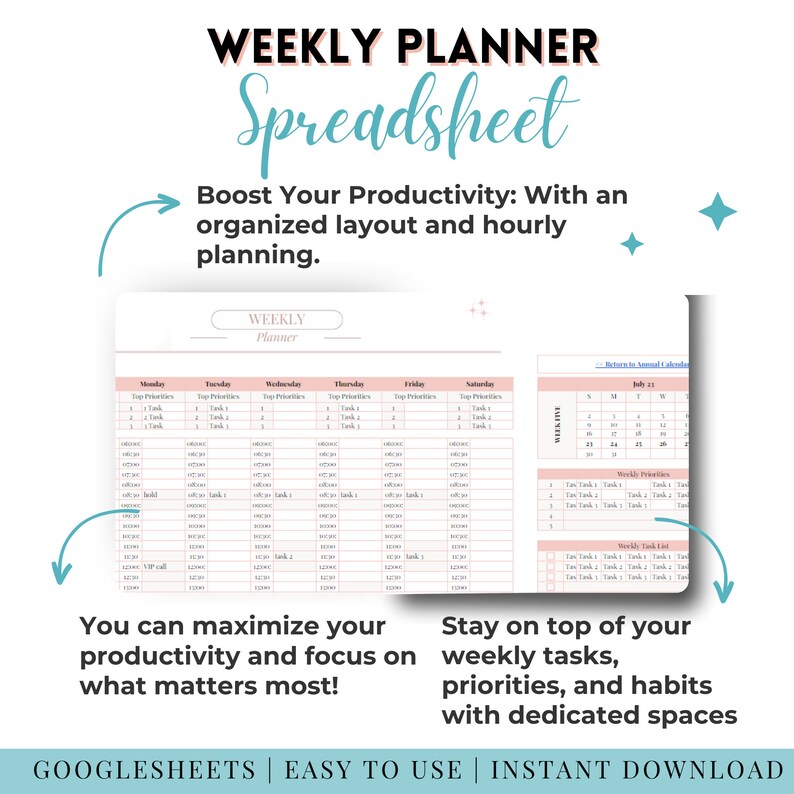 Daily Schedule Template Google Sheets 24 Hour Weekly Planner - Etsy