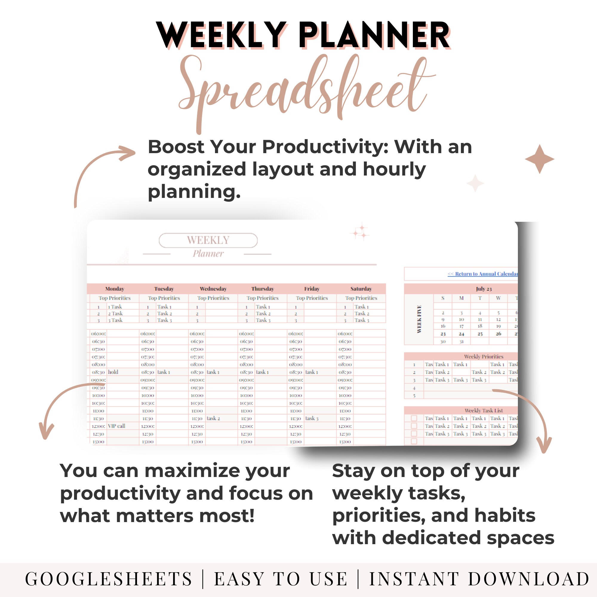 Weekly Planner Spreadsheet Google Sheets Spreadsheet Template - Etsy