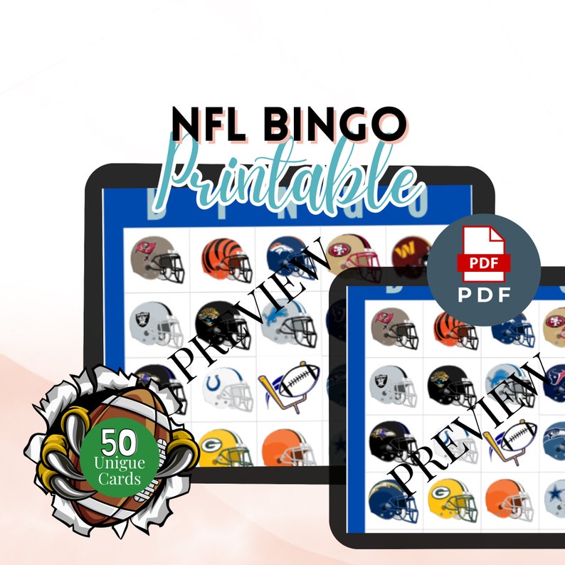 Pro Football Bingo Cards Personalized Bingo Cards Football Bingo Game ...