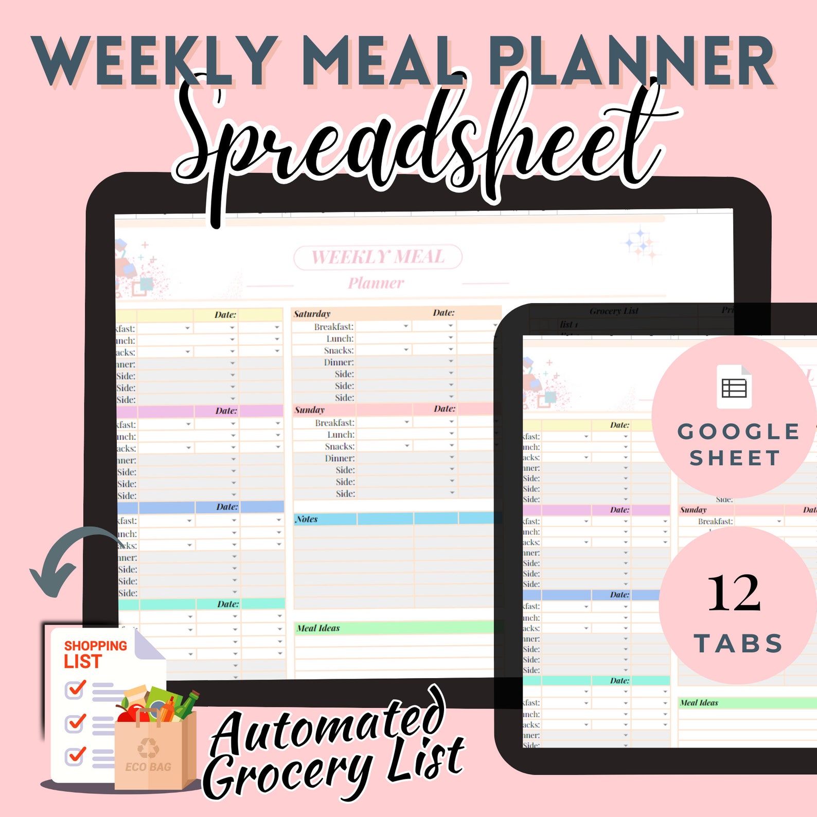 Weekly Meal Planner Template: Google Sheets With Grocery List (digital ...