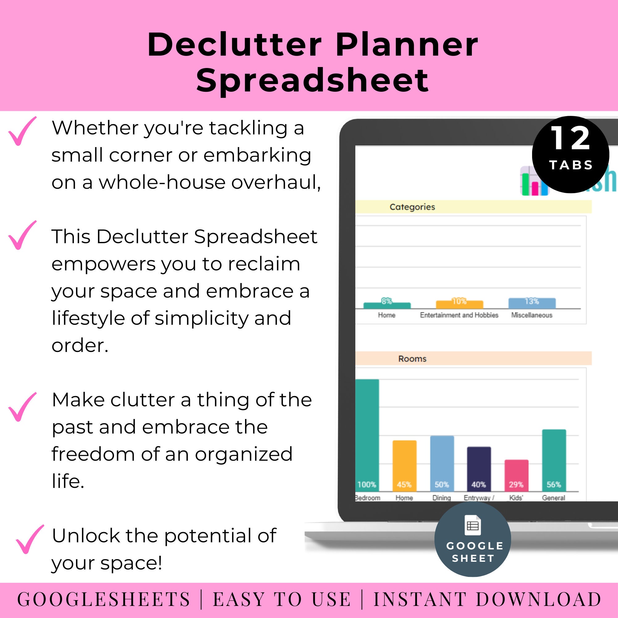 Organize and Tidy up Decluttering Spreadsheet Checklist Room by Room ...