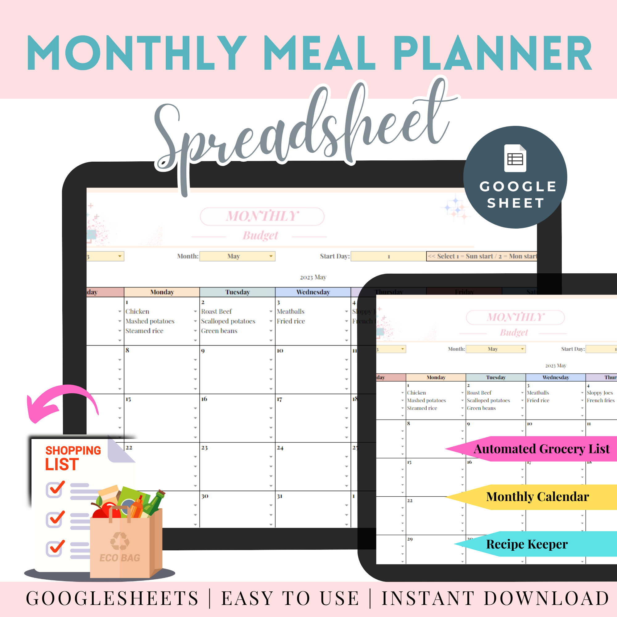 Monthly Meal Planner Editable Monthly Meal Planner Google Sheets Meal ...