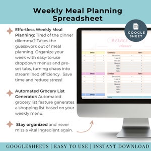 Weekly Meal Planner Template: Google Sheets With Grocery List (digital ...