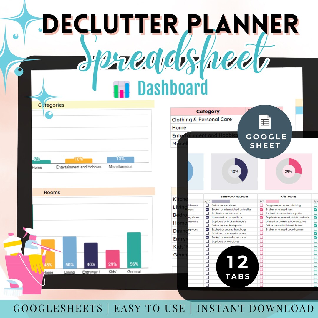 Declutter Planner Guide Spreadsheet Google Sheets Decluttering Checklist 30 Day Challenge ...