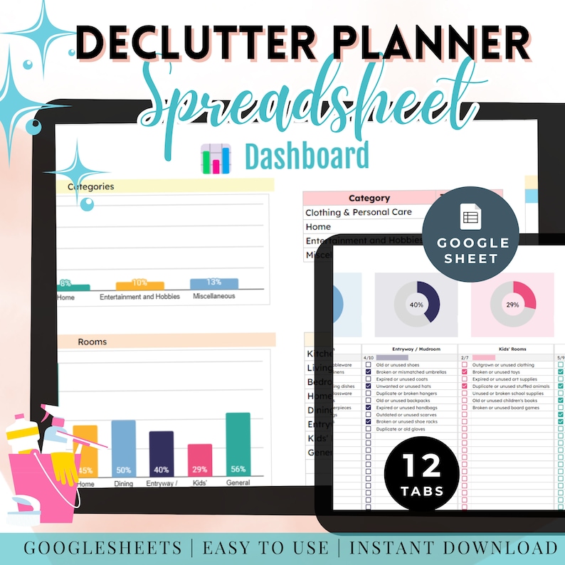 Declutter Planner Guide Spreadsheet Google Sheets Decluttering Checklist 30 Day Challenge ...