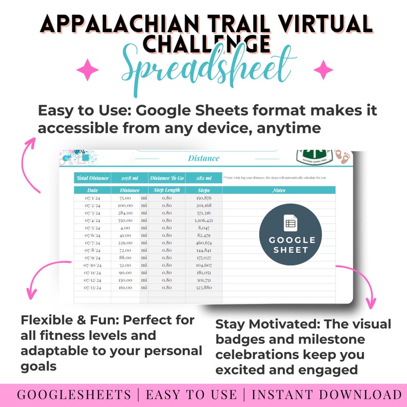 30 Day Walking Challenge Spreadsheet Virtual Appalachian Trail Fitness ...