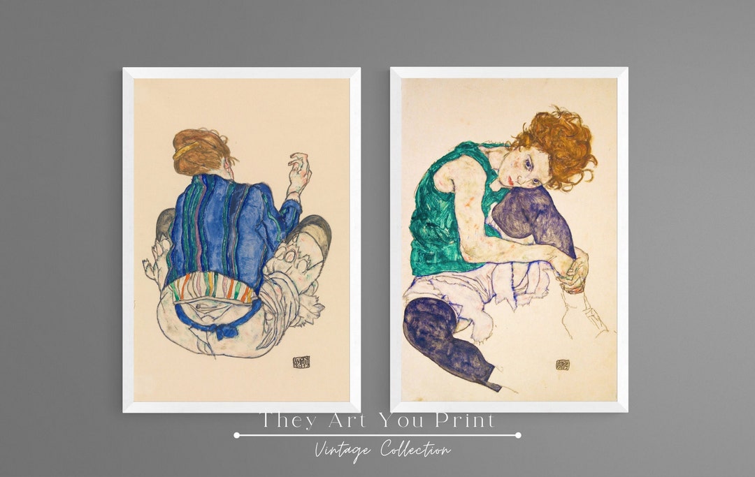 Set of 2 Vintage Austrian Paintings by Egon Schiele Minimalist Gouache ...