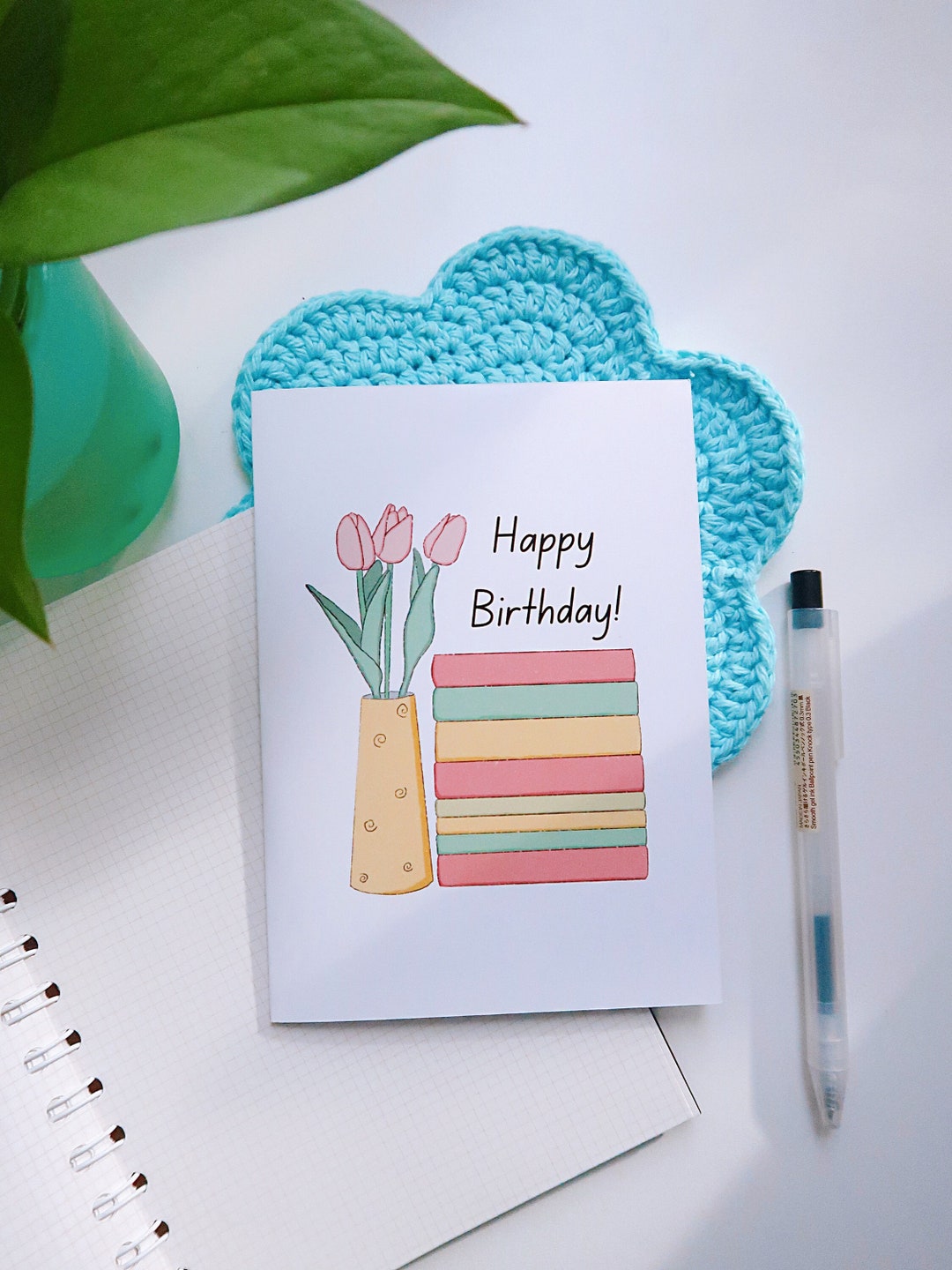 Book Stack With Tulips Birthday Greeting Card, Bookish Handmade ...