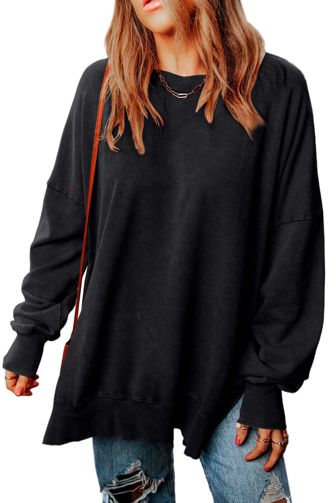 Cali Chic Women Black Drop Shoulder Ribbed Trim Oversized Sweatshirt - Etsy
