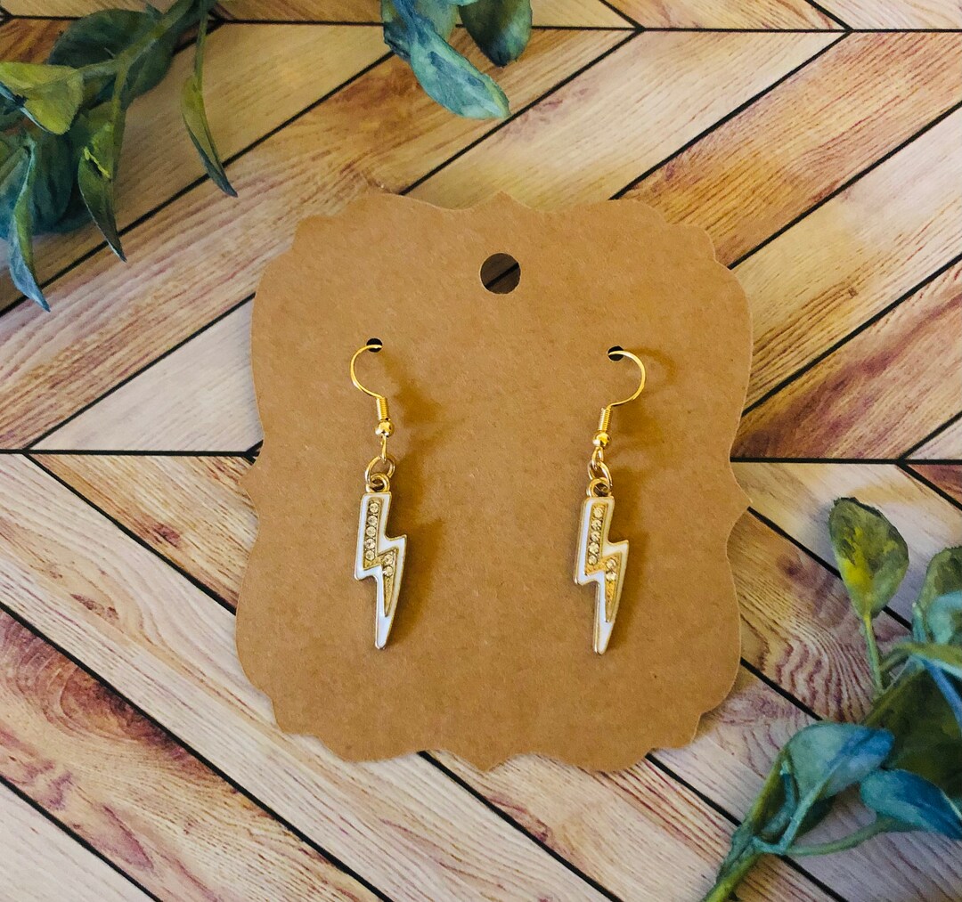 Gold Metal Lightning Bolt Earrings, Small White Rhinestone Lightning ...