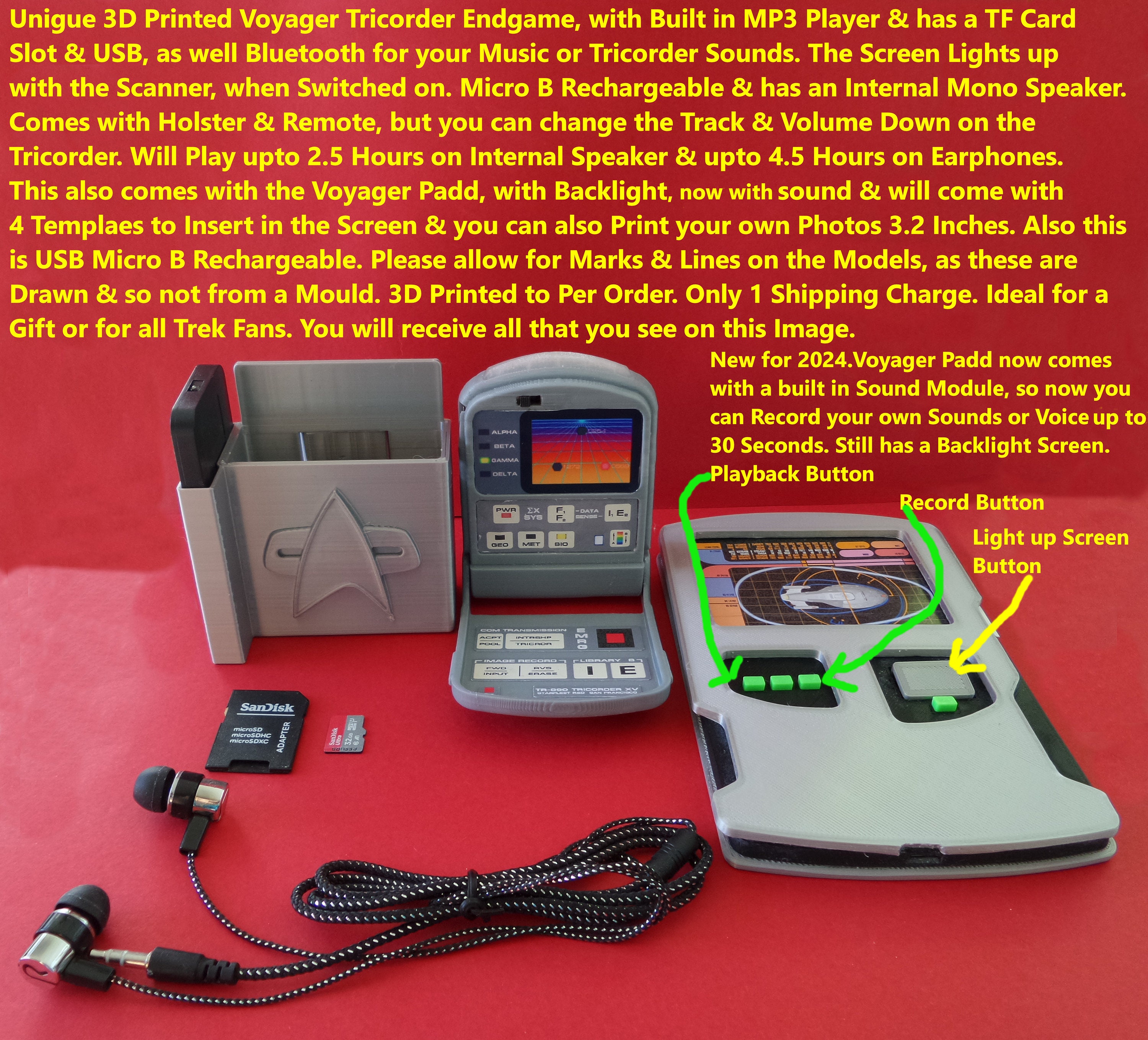 St.trek 3D Printed, Tricorder, With Built in MP3 Player, TF Card & USB ...