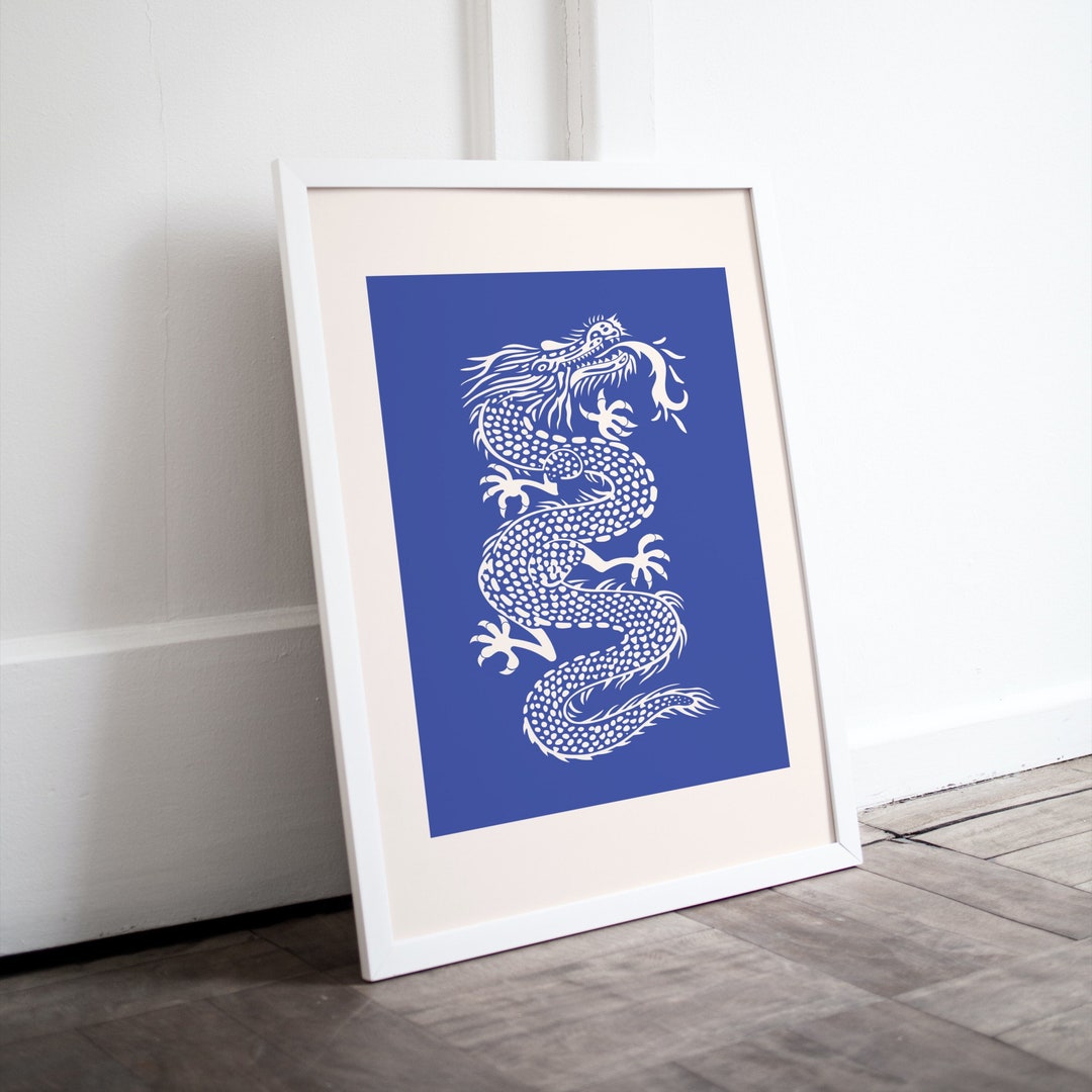 Dragon Art Print Minimalist Wall Art Blue Dragon Tattoo Style Chinese ...